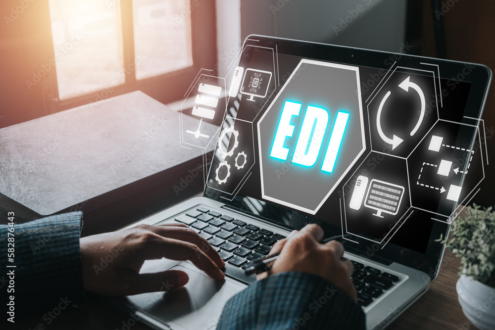 EDI, electronic data interchange concept, Person using computer on ...