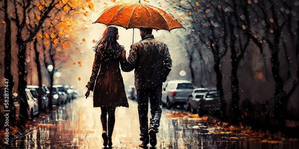 Couple enjoying romantic walk in rain, concept of Date and Walk, created with Generative AI ...