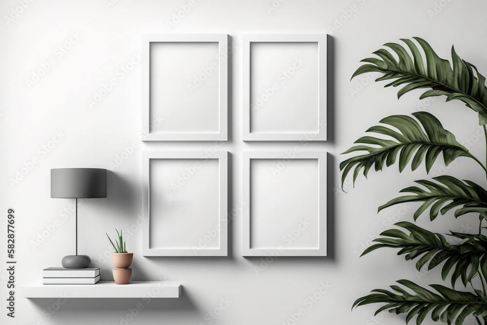Mockup template with four horizontal A4 frames on white wall ...