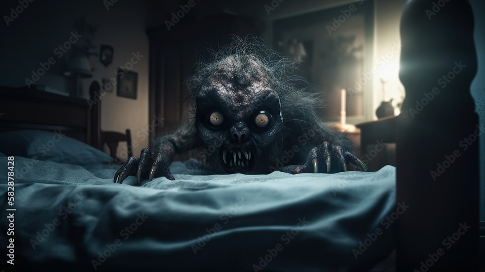 scary monster in bedroom on bed at night in children nightmare. Generative AI illustration Stock ...