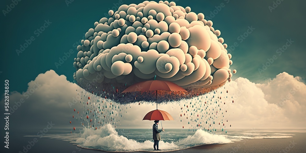 Surreal image of person holding an umbrella with giant rain cloud ...