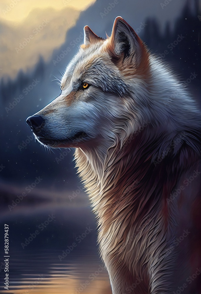 white wolf standing next body deep side profile painted portrait face ...