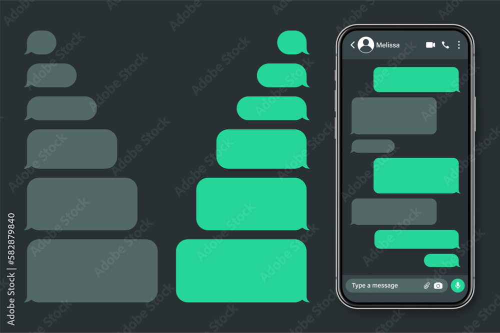 Realistic smartphone with messaging app. Blank SMS text frame ...