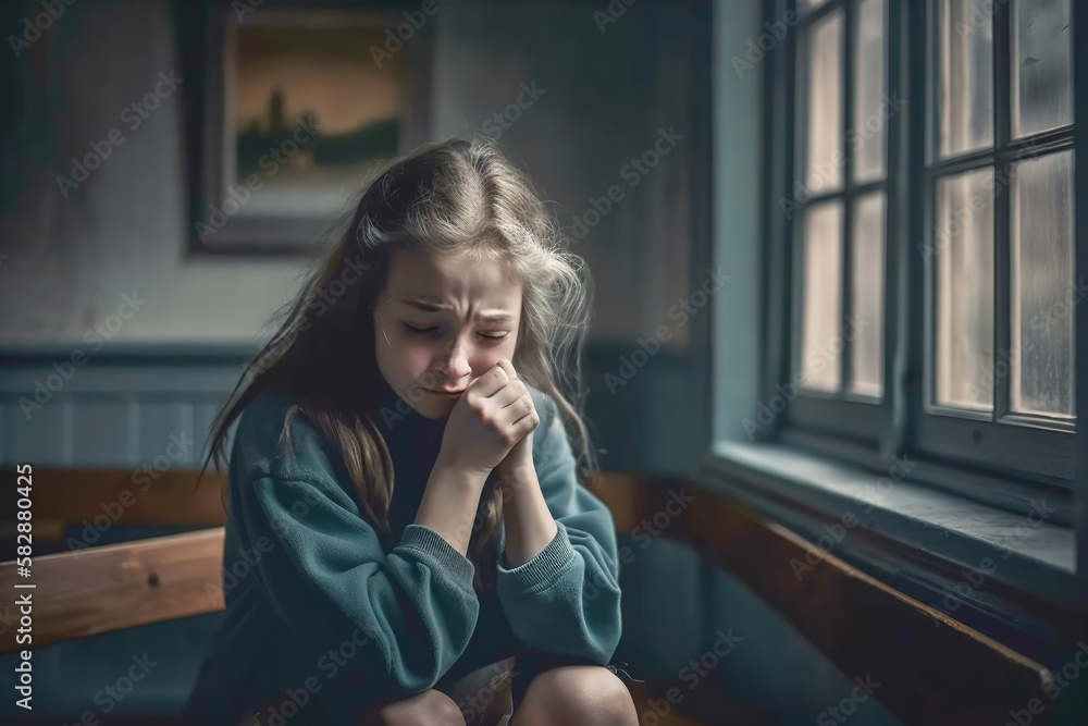 Stressed school girl child, pupil, bullying victim. Concept of ...