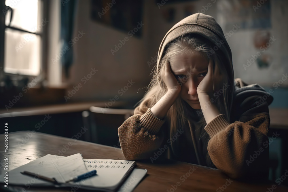Stressed school girl child, pupil, bullying victim. Concept of ...