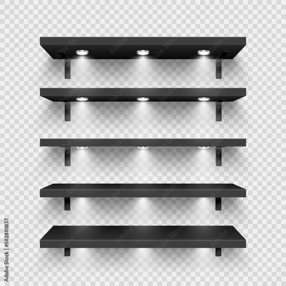 Realistic black store shelves with wall mount and lighting, spotlights ...
