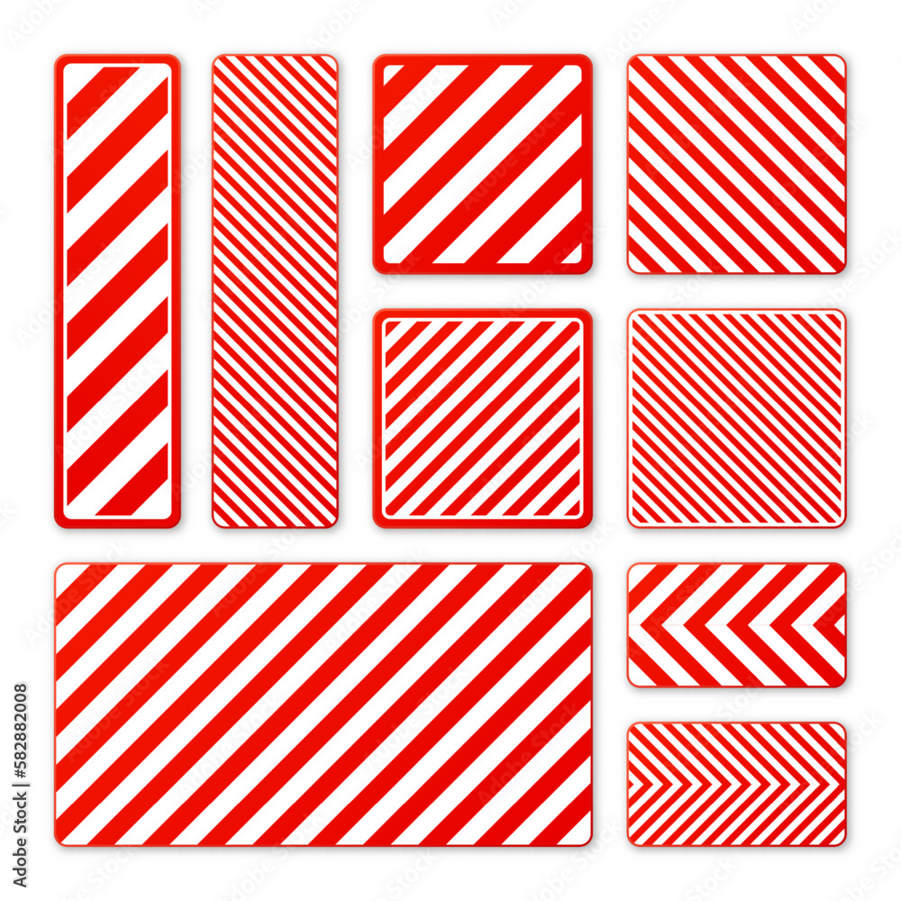 Various white and red warning signs with diagonal lines. Attention ...