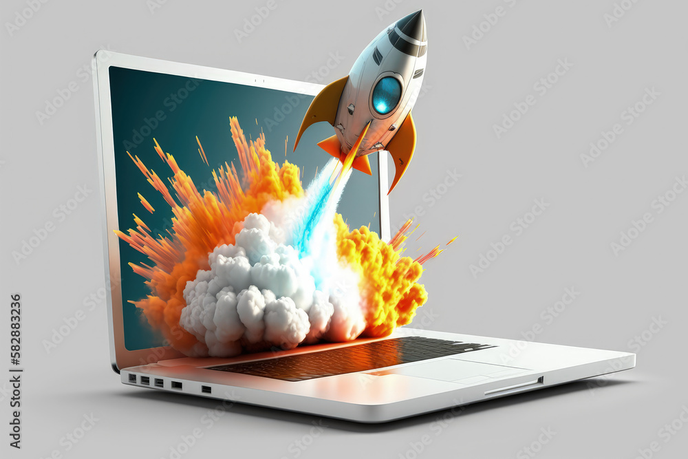 Blast Off into the Digital World: Laptop with Rocket Emerging from ...