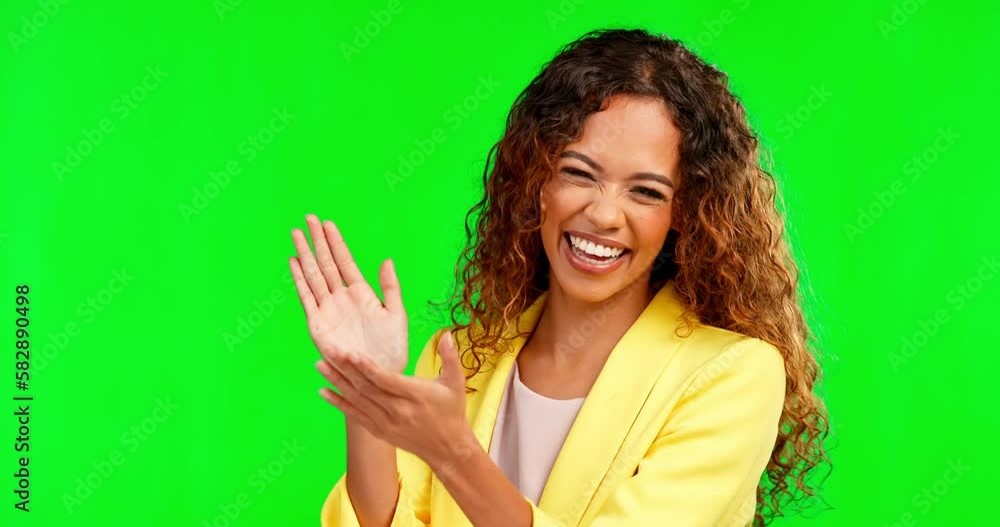 Clapping, woman and laughing face in studio for success, smile and ...