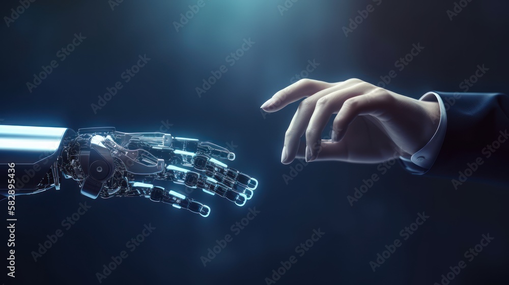 AI, Machine learning, Hands of robot and human touch on big data ...
