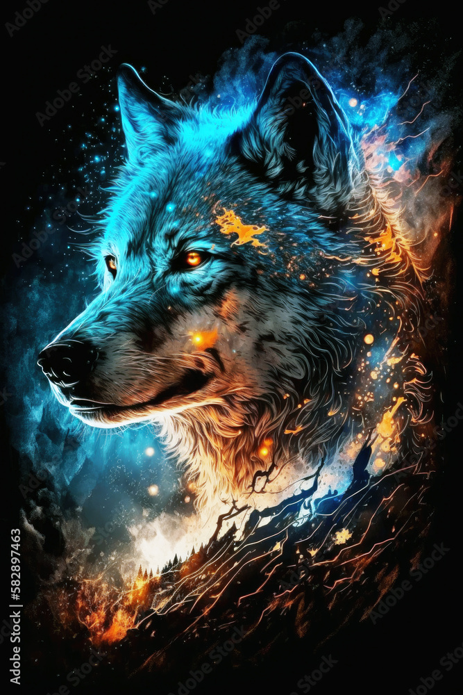 Powerful Epic Legendary Wolf with glowing face in Universe on black ...