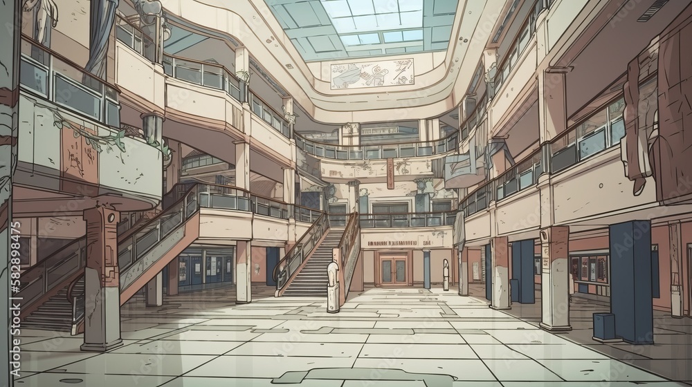 Abandoned shopping mall background. Anime cartoon style drawing ...