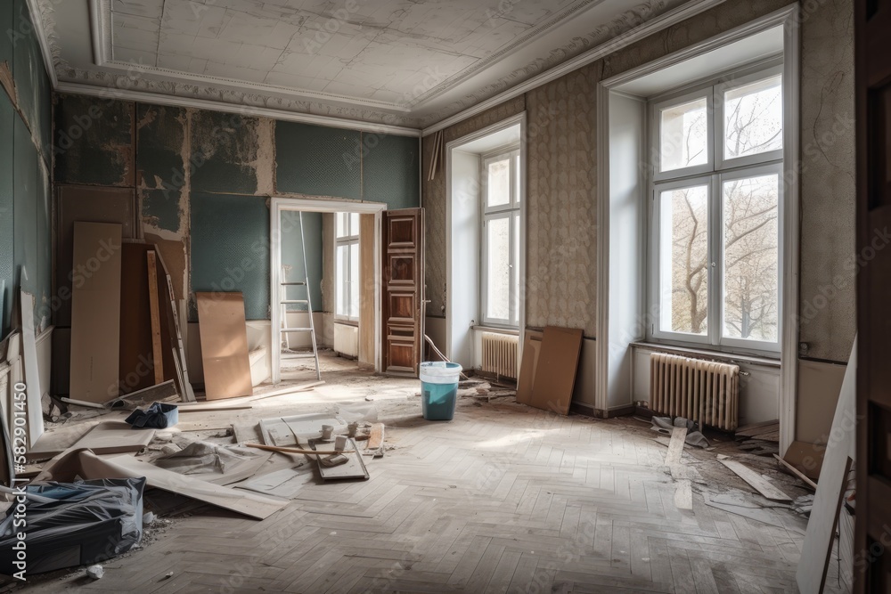 Unoccupied room with white walls, a wooden ceiling, parquet flooring ...