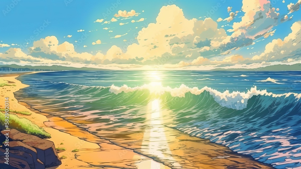Sunrise on sunny tropical beach with anime cartoon style drawing ...