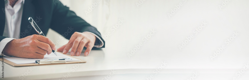 Banner Asian business man using pen signing on new contract start ...