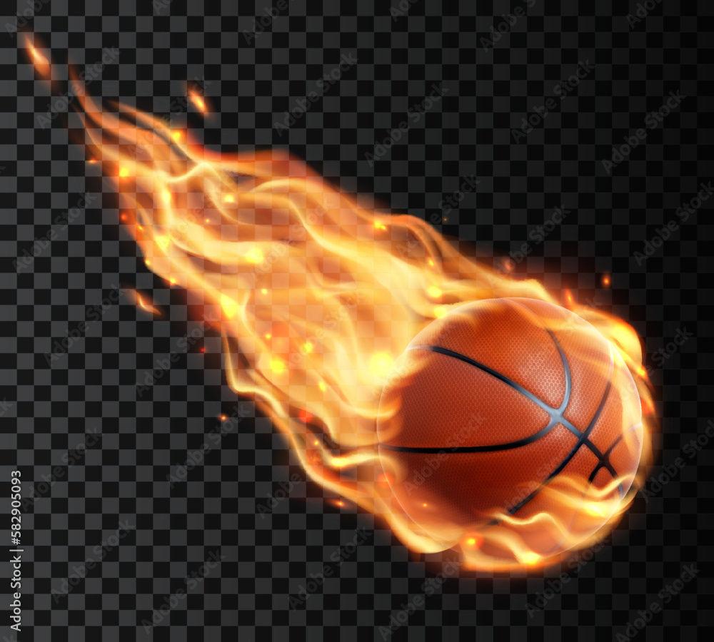 Flying basketball ball with fire flame trails. Vector falling meteorite ...