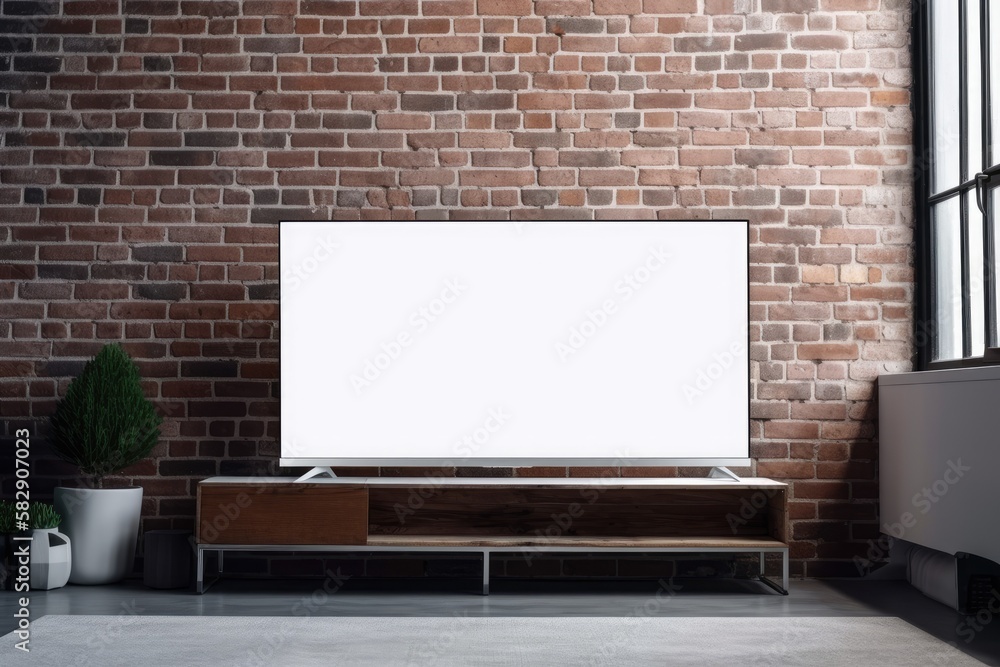 White screen on a led television or TV mounted on a brick wall in a ...