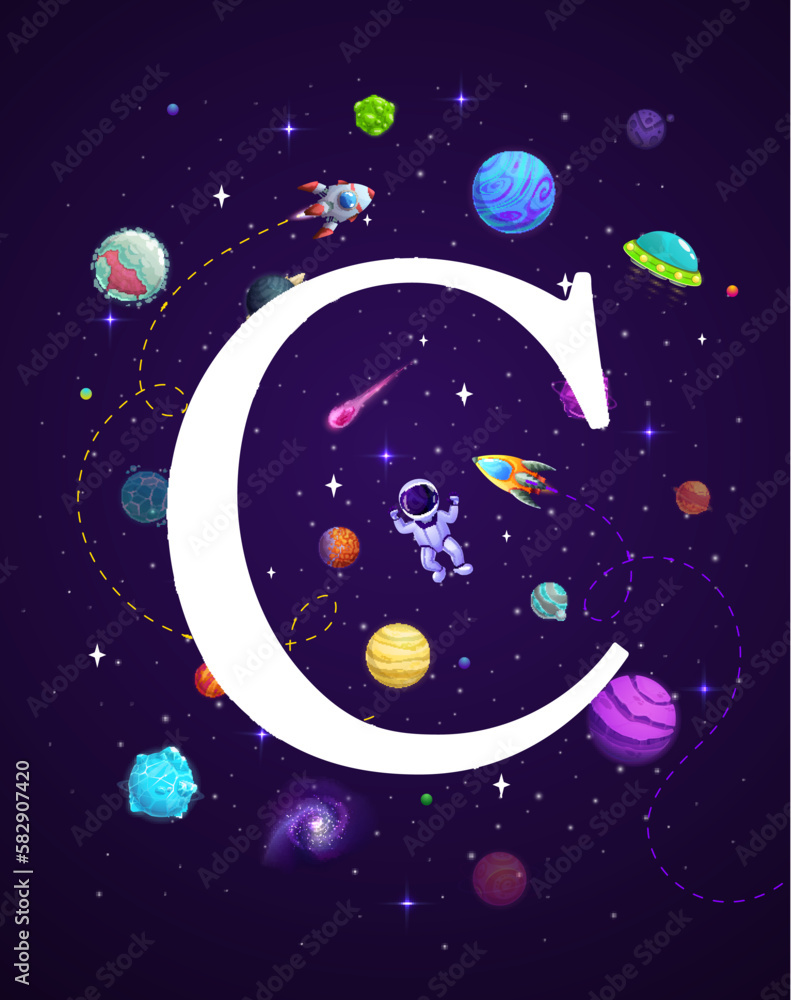 Cartoon space letter C. Vector kids abc uppercase sign in galaxy with ...