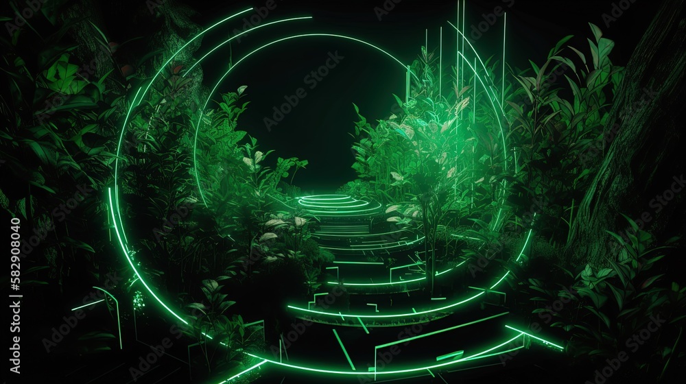 Eco Friendly Growth Concept: Green Neon Circle with Upward Arrow and ...