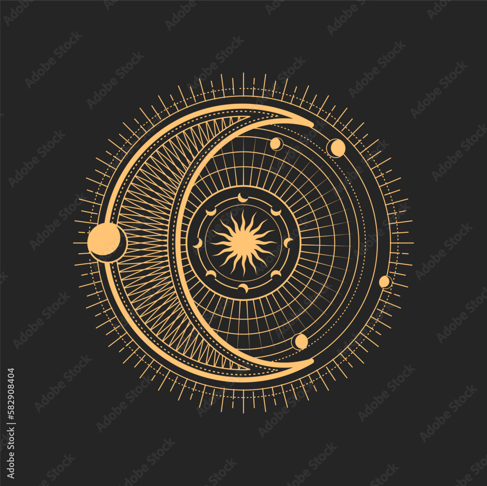 Crescent and moon esoteric occult symbols, magic tarot or astronomy ...