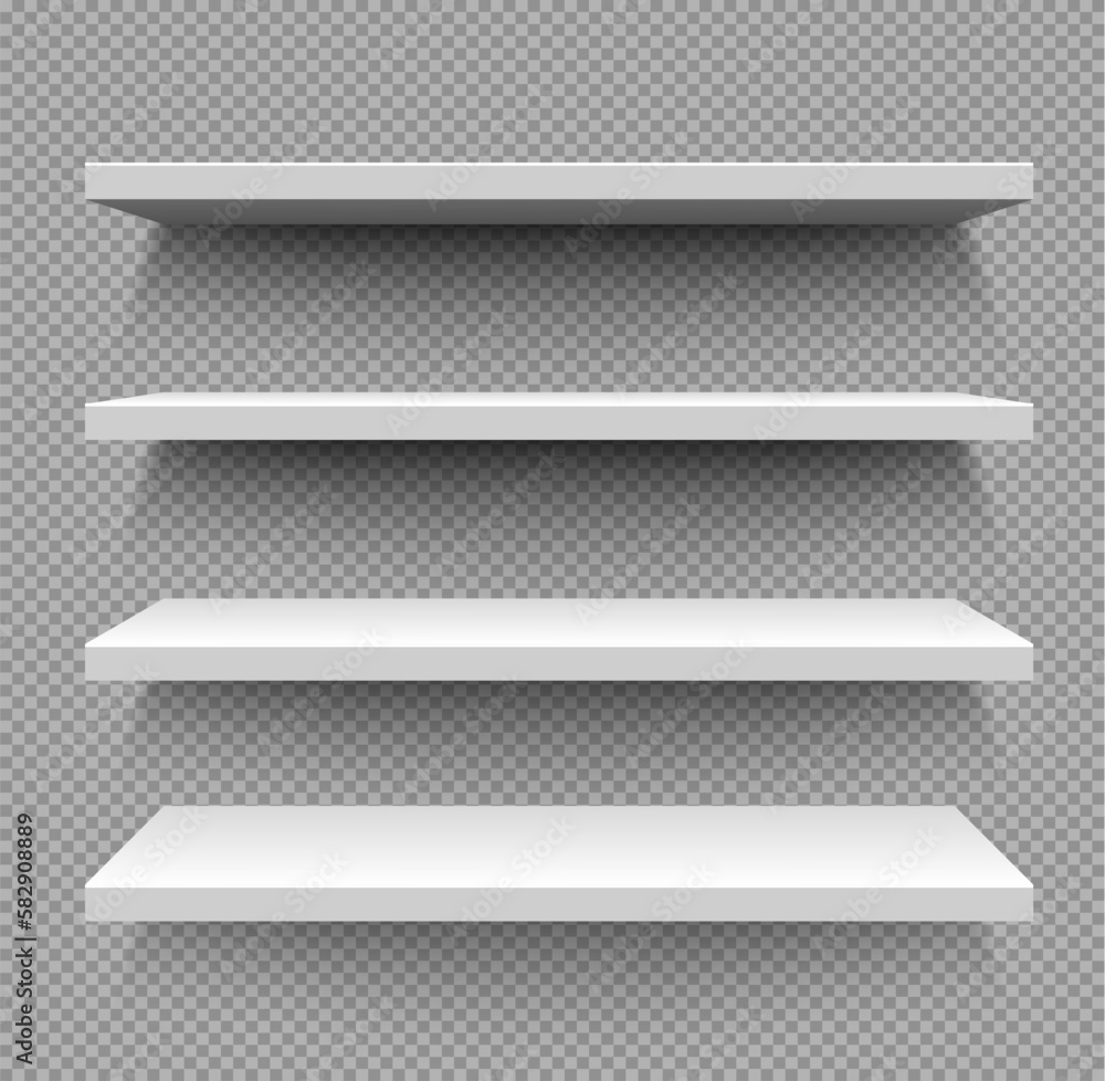 White store shelves, vector blank empty shop showcase display for ...