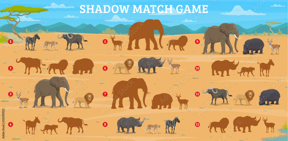 Shadow match game. Cartoon african savannah animals. Vector worksheet ...