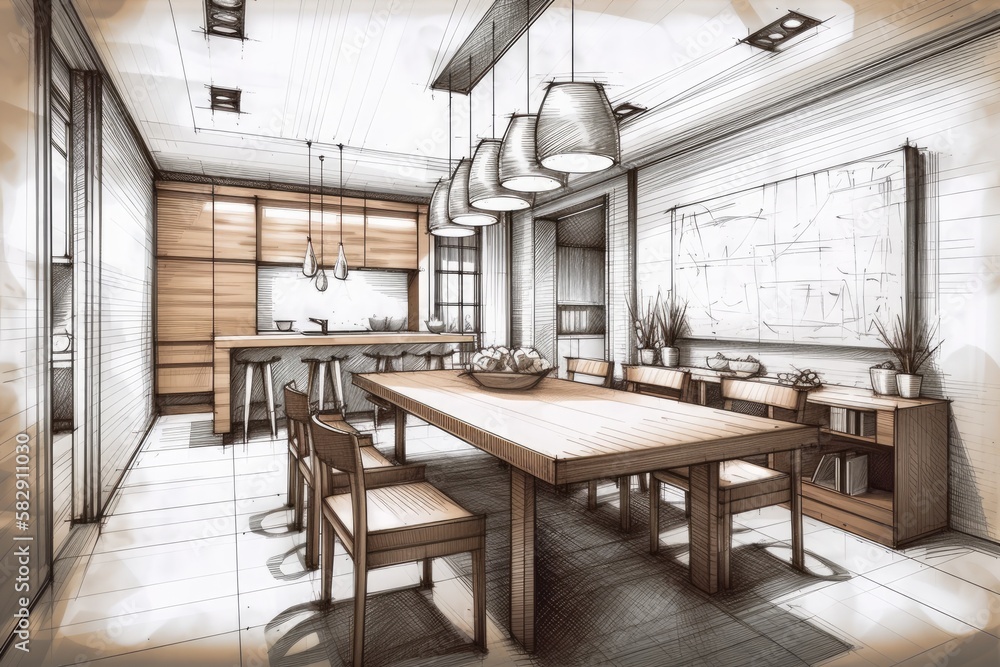 Interior sketch of a contemporary dining area done by hand with an ...