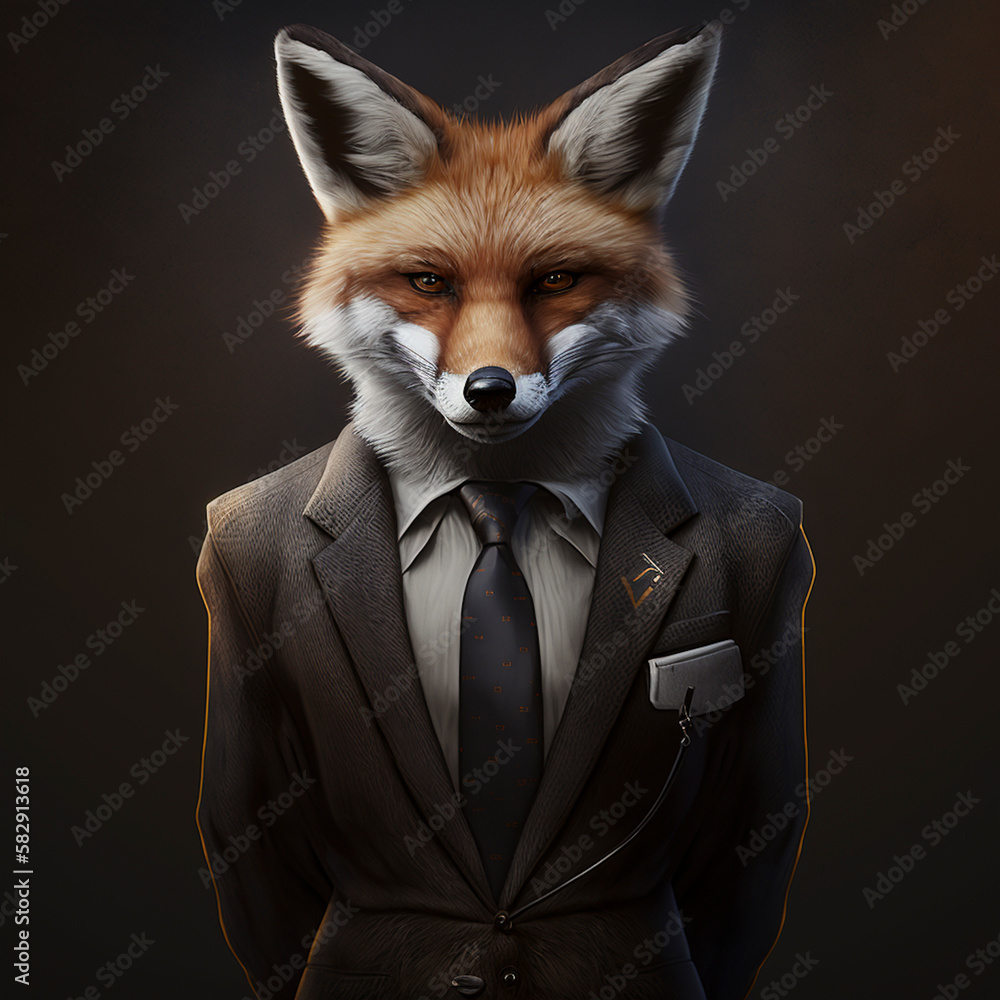 Fox with office suit,scammer dark background full hd,8k. Business scam ...