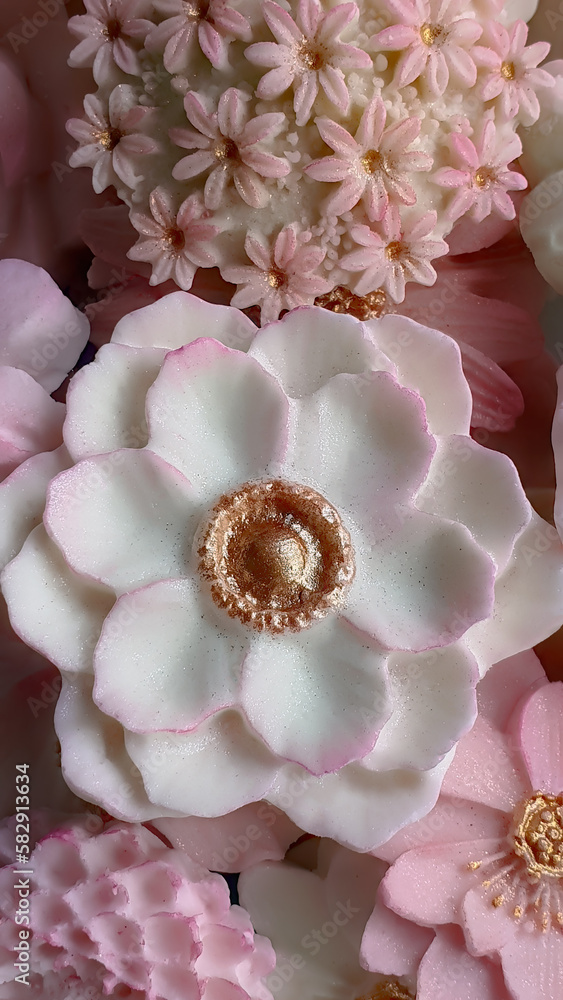 Close up Thai dessert various flower shaped in pastel pink color tone ...