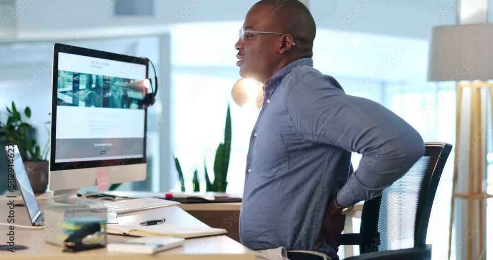 Back pain, office stress and black man in business, muscle injury and ...