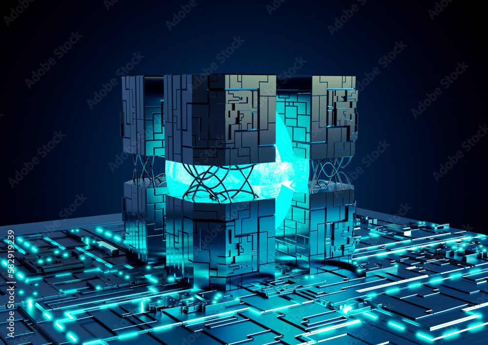 Motherboard futuristic neon lights technology background. AI Central ...