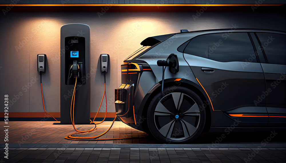 EV Car or Electric vehicle at charging station with the power cable ...