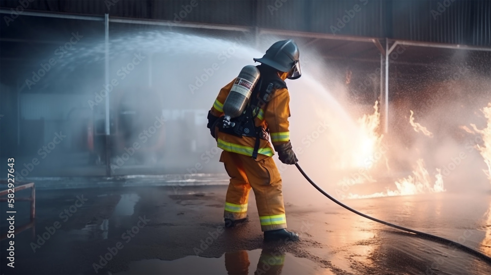 Firefighter Rescue training in fire fighting extinguisher. Firefighter ...