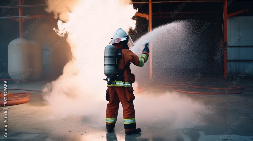 Firefighter Rescue training in fire fighting extinguisher. Firefighter ...
