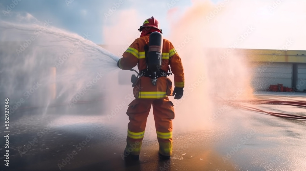 Firefighter Rescue training in fire fighting extinguisher. Firefighter ...