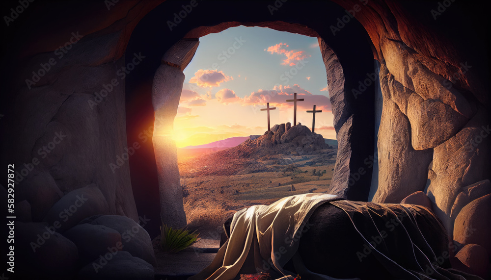 Empty tomb of Jesus Christ. Crucifixions in the rays of the sun ...