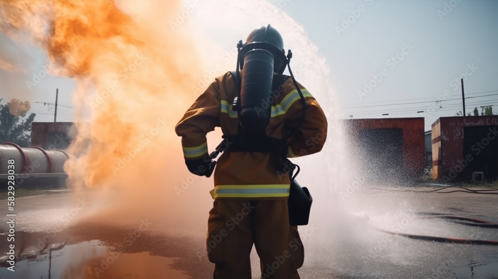 Firefighter Rescue training in fire fighting extinguisher. Firefighter ...