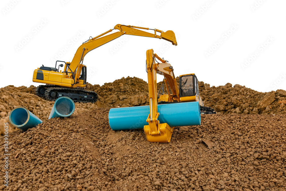 Crawler Excavator is digging soil in construction site with pipeline ...