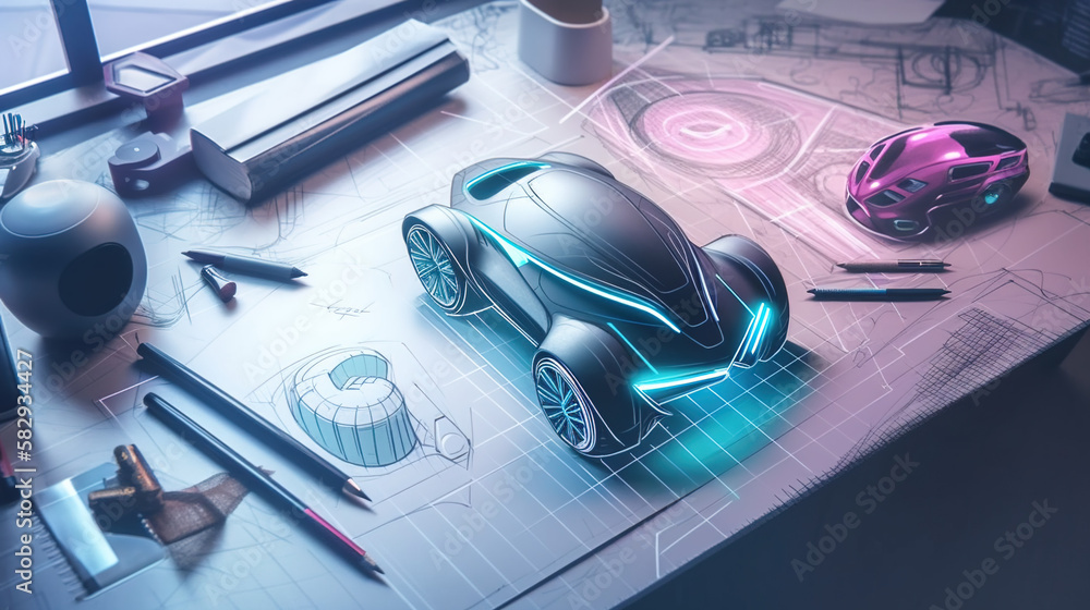 Student designer concept design board of a car made with pens ...