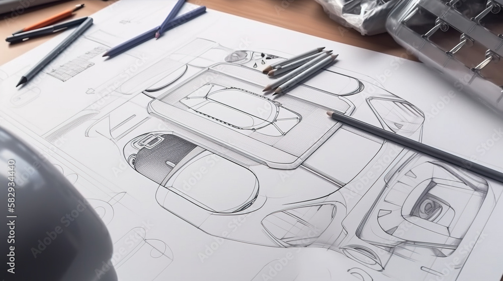 Student designer concept design board of a car made with pens ...
