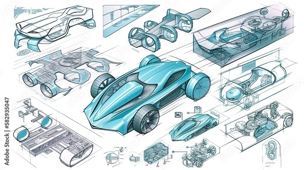 Student designer concept design board of a car made with pens ...