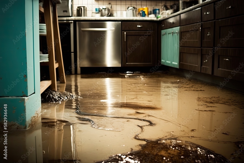 Flooded kitchen floor, water leaking. Closeup view of a waterlogged kitchen floor. Generative AI ...