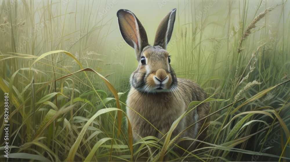 A rabbit sitting in a field of tall grass, a photorealistic painting ...