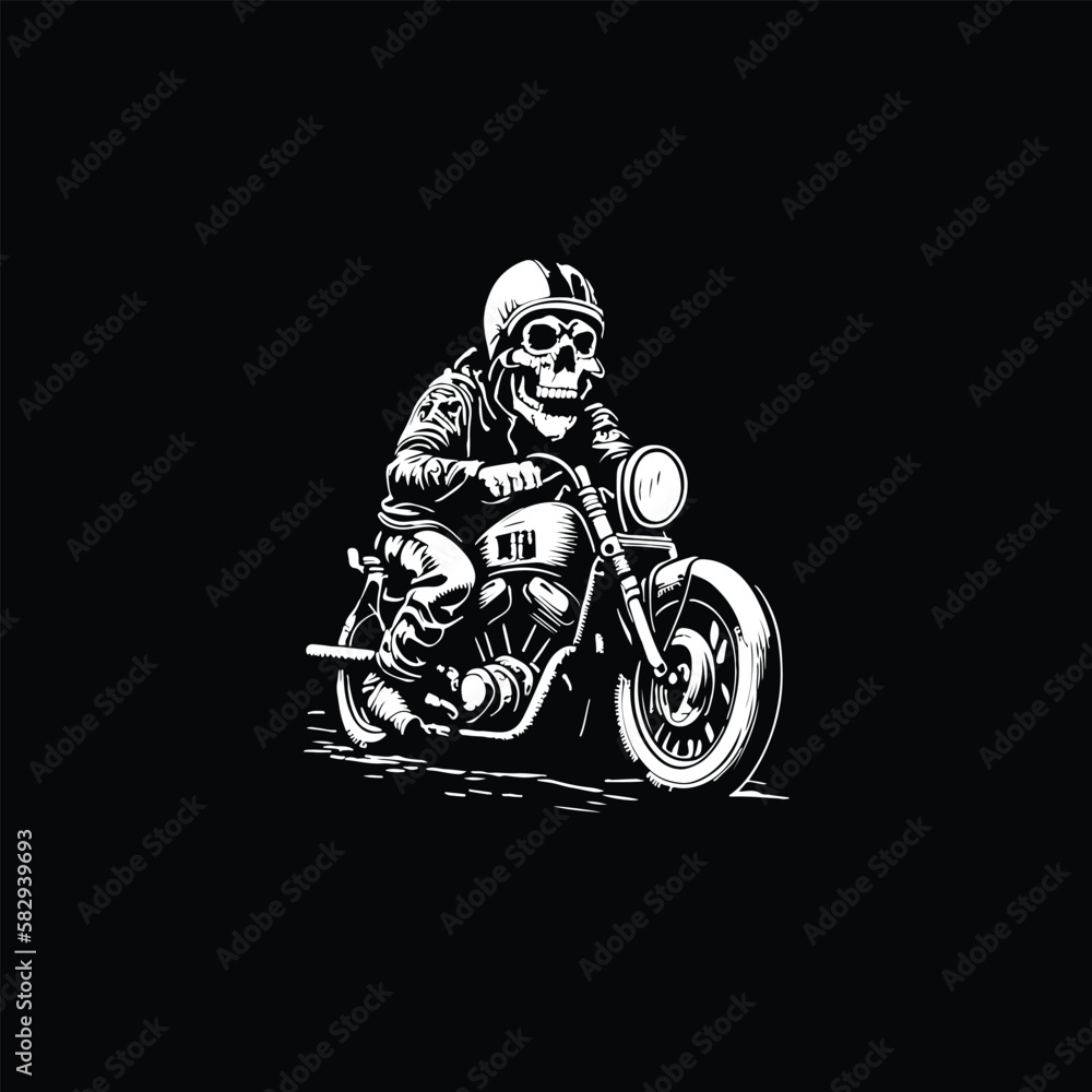 Skeleton racer riding brat style motorcycle in vintage monochrome style ...