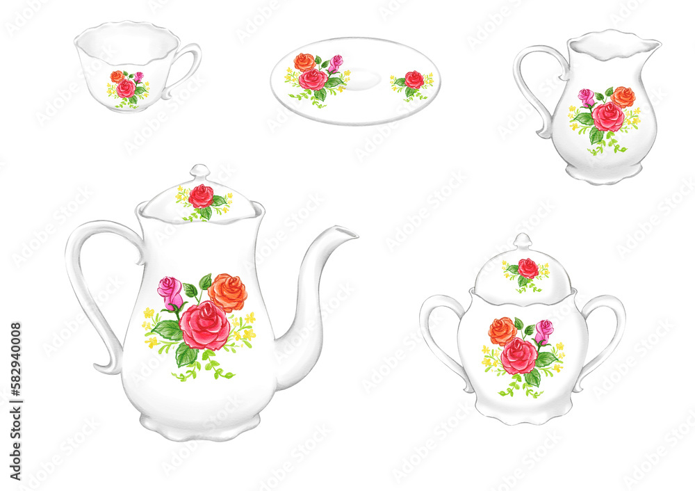 Tea set with red rose pattern drawn by digital watercolor Stock ...