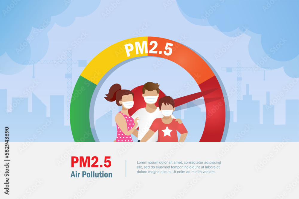 PM2.5 particulate matter. Family wearing face mask with PM2.5 aerosol particles, particulate ...