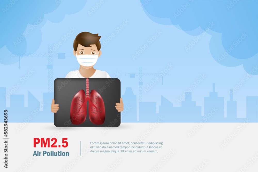 PM2.5 particulate matter. Man wearing face mask holding lung x ray film ...