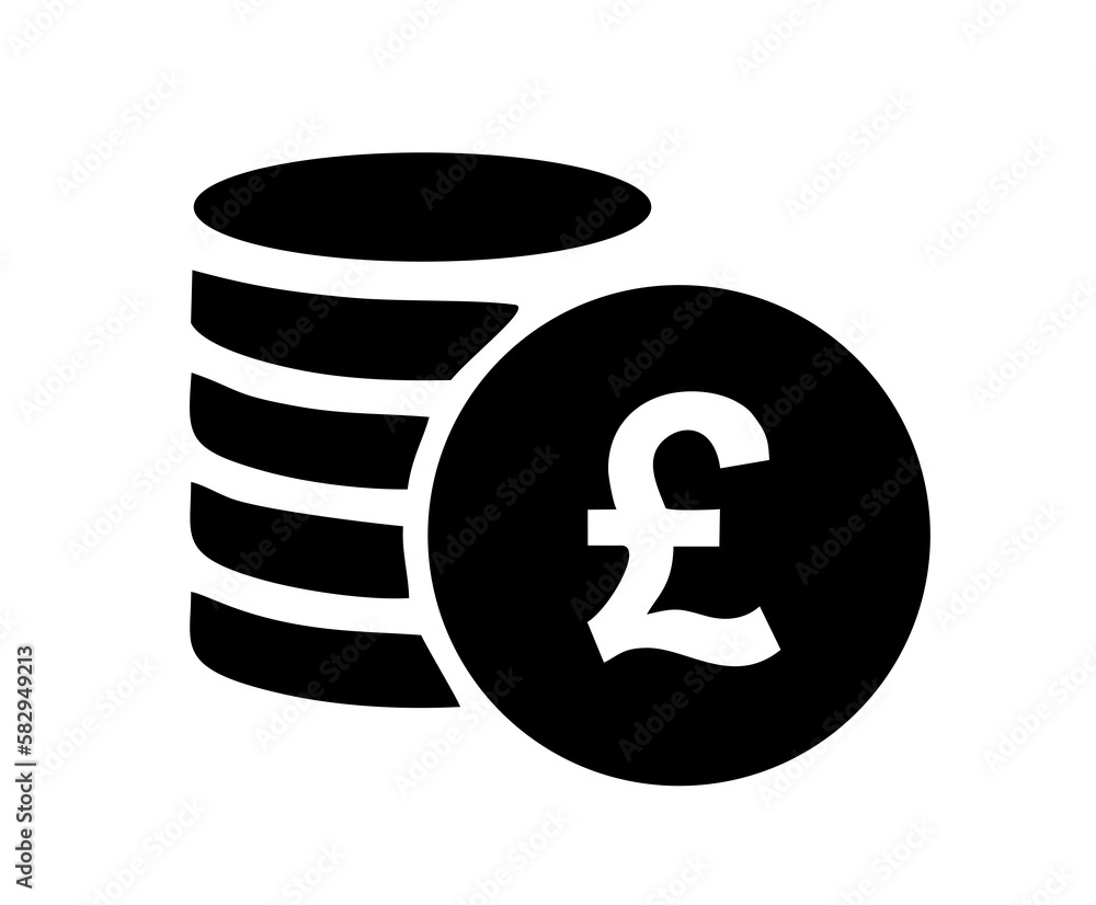 Money bag icon. Pound sterling coins stack icon black isolated on ...