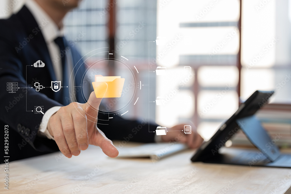 Business man Analytics and Data Management System on computer, make a ...