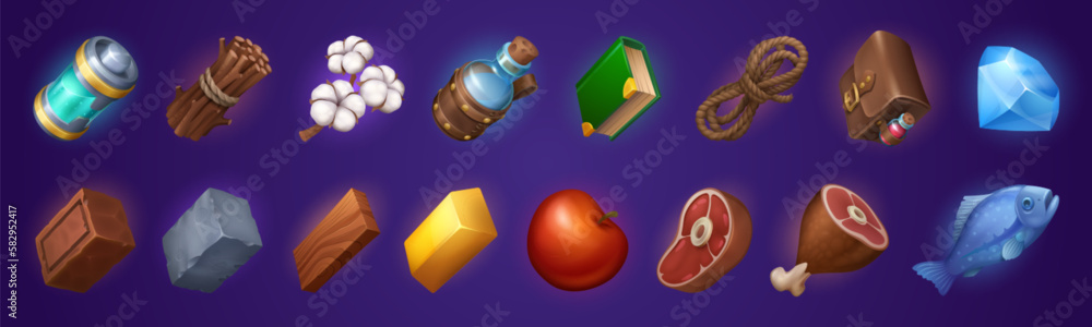 Vector cartoon game icon set with stone and food. Ui interface award ...